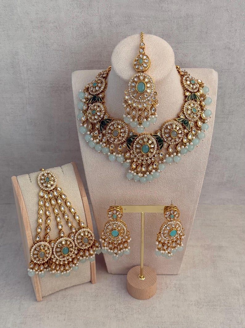 Zara- Ayura Designs Zara Jewelry Set, Antique Gold Kundan Aqua Blue ...
