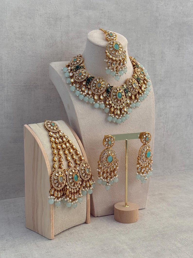 Zara- Ayura Designs Zara Jewelry Set, Antique Gold Kundan Aqua Blue ...
