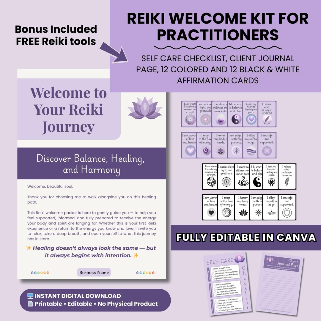 Reiki Welcome Kit Template: Lavender Theme + Bonus Affirmation Cards ...