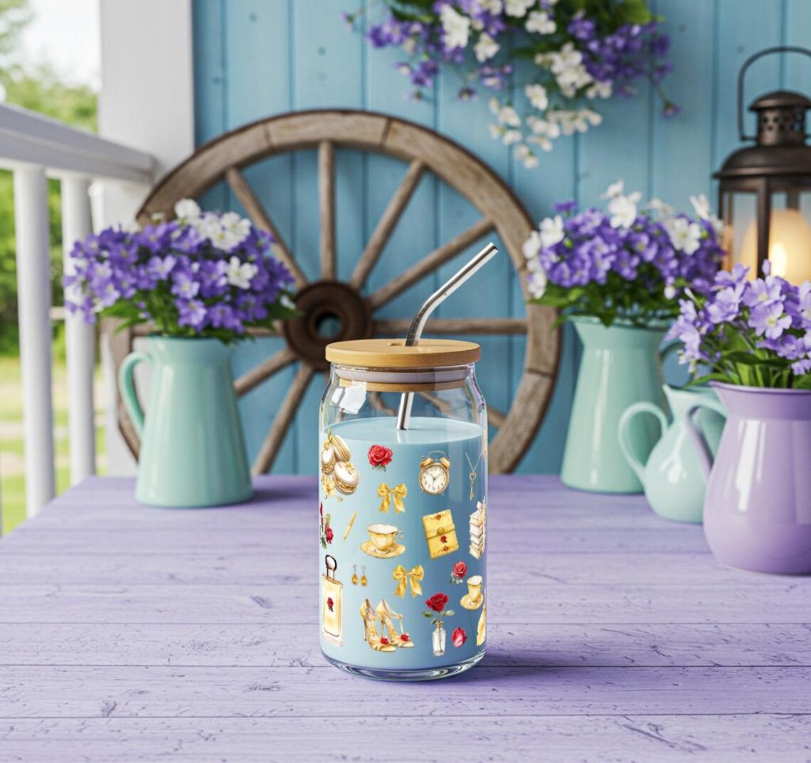 Beauty and the Beast Glass Cup 16oz - Iced Coffee Tumbler, Belle Design ...