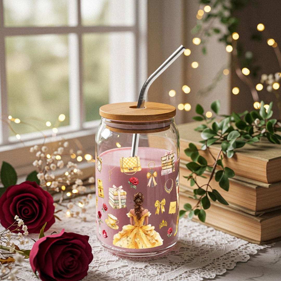 Beauty and the Beast Glass Cup 16oz - Iced Coffee Tumbler, Belle Design ...