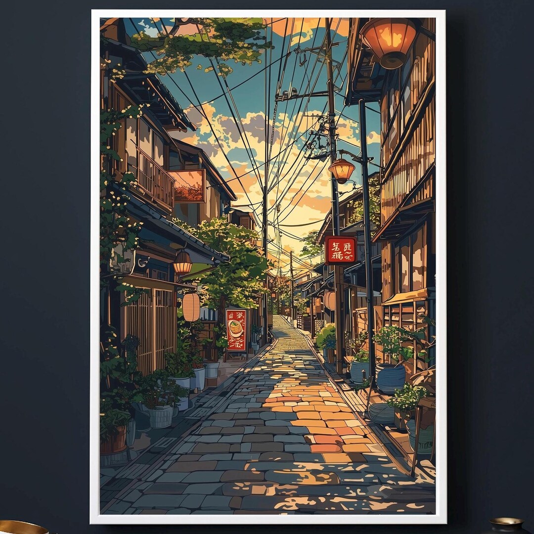Serene Japanese Street Sunset Digital Wall Art | Traditional ...