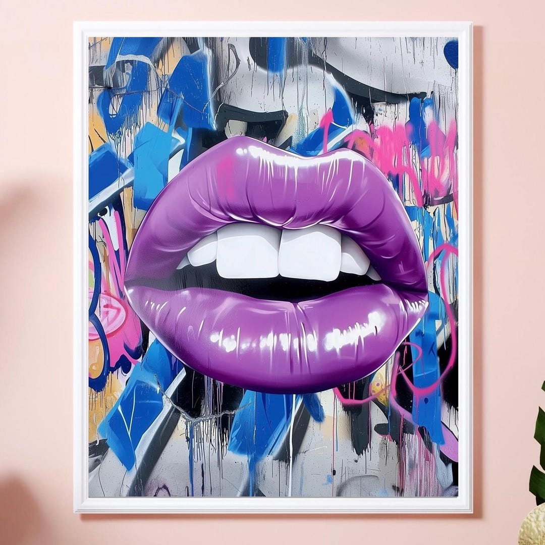 Bold Purple Lips Graffiti Art Print | Vibrant Urban Street Art Digital ...