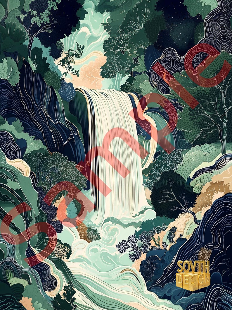 Japanese Waterfall Wall Art Printable | Traditional Ukiyo-e, Hokusai ...