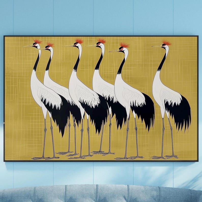 Japanese Crane Wall Art | Traditional Red-crowned Bird Vintage Illustration | Elegant Gold Asian ...