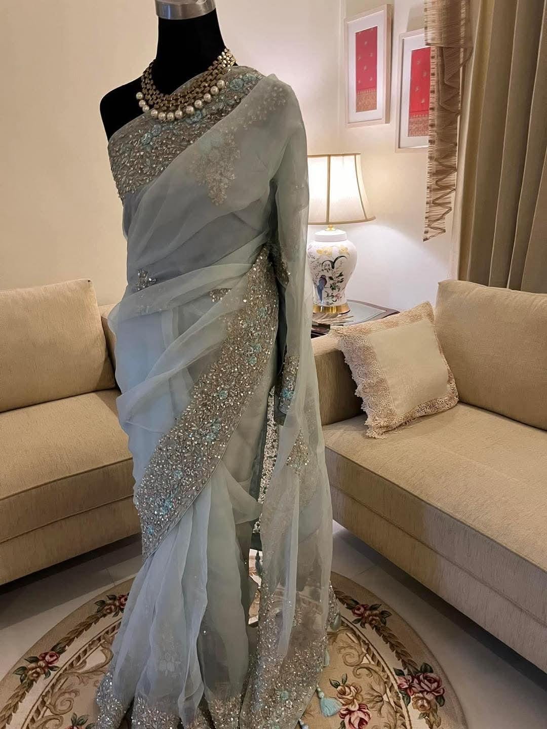 Authentic Sopura Muslin Floral Embroidered Party Saree in Light Pastel ...
