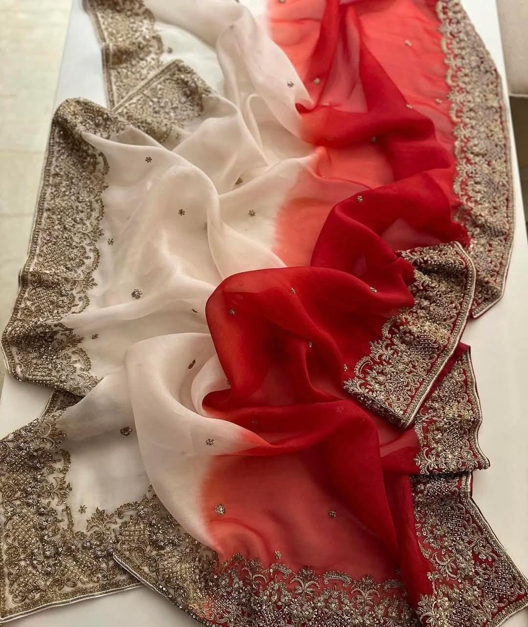 Pure Sopura Muslin Party Saree in Red and White Combination. Heavy ...