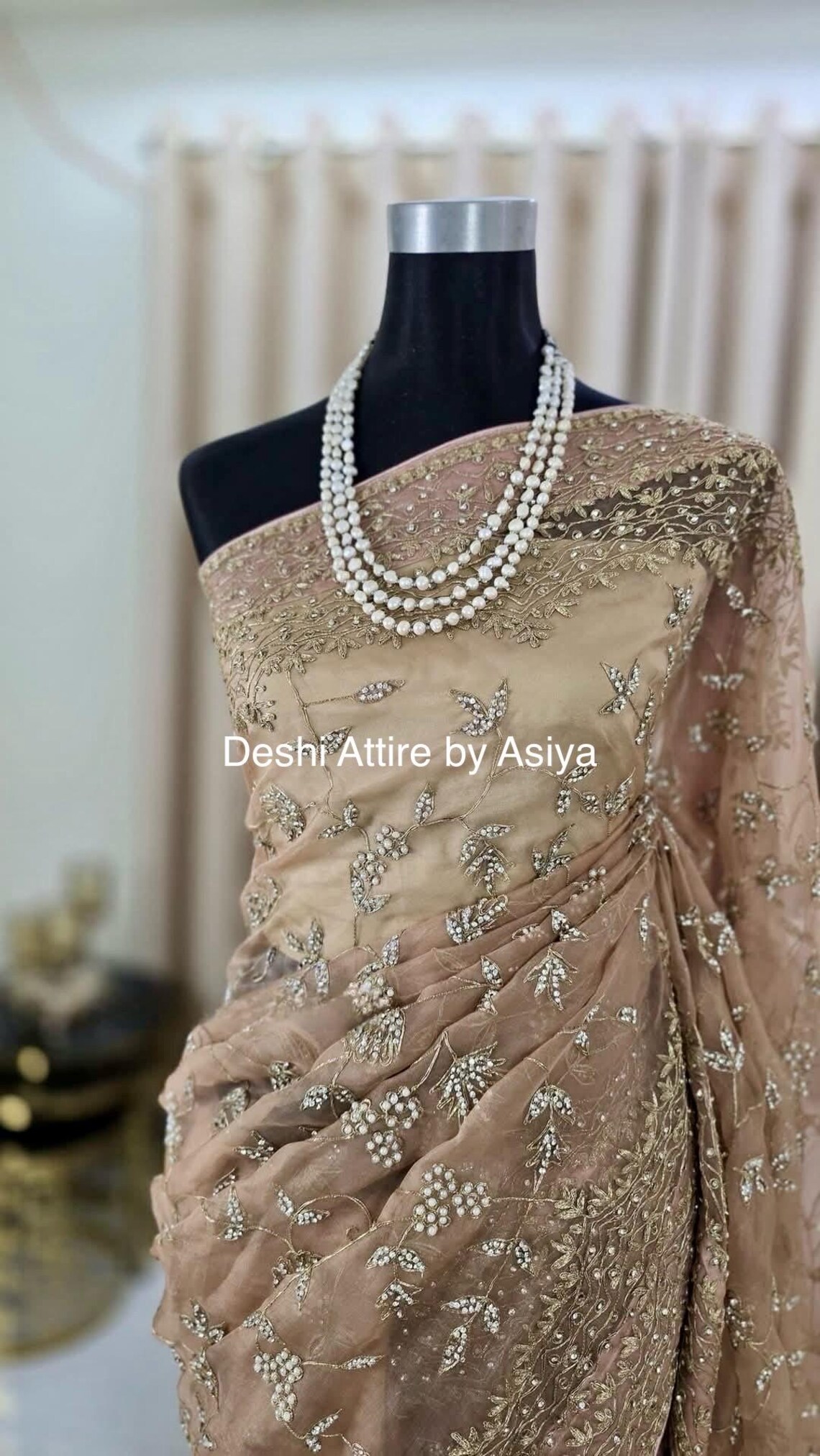 Authentic Sopura Muslin Party Saree With Zardosi Work in Golden Color ...
