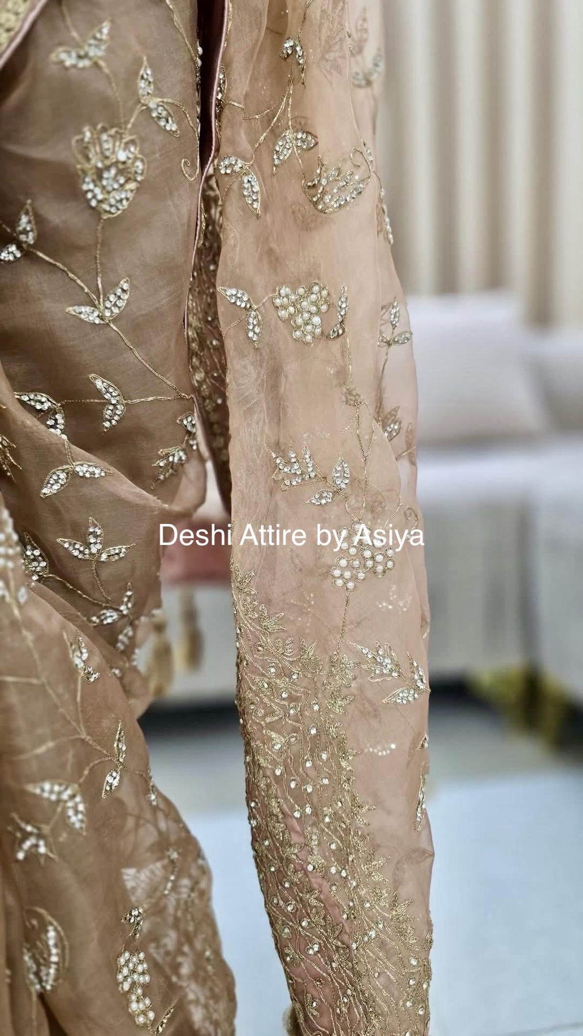 Authentic Sopura Muslin Party Saree With Zardosi Work in Golden Color ...