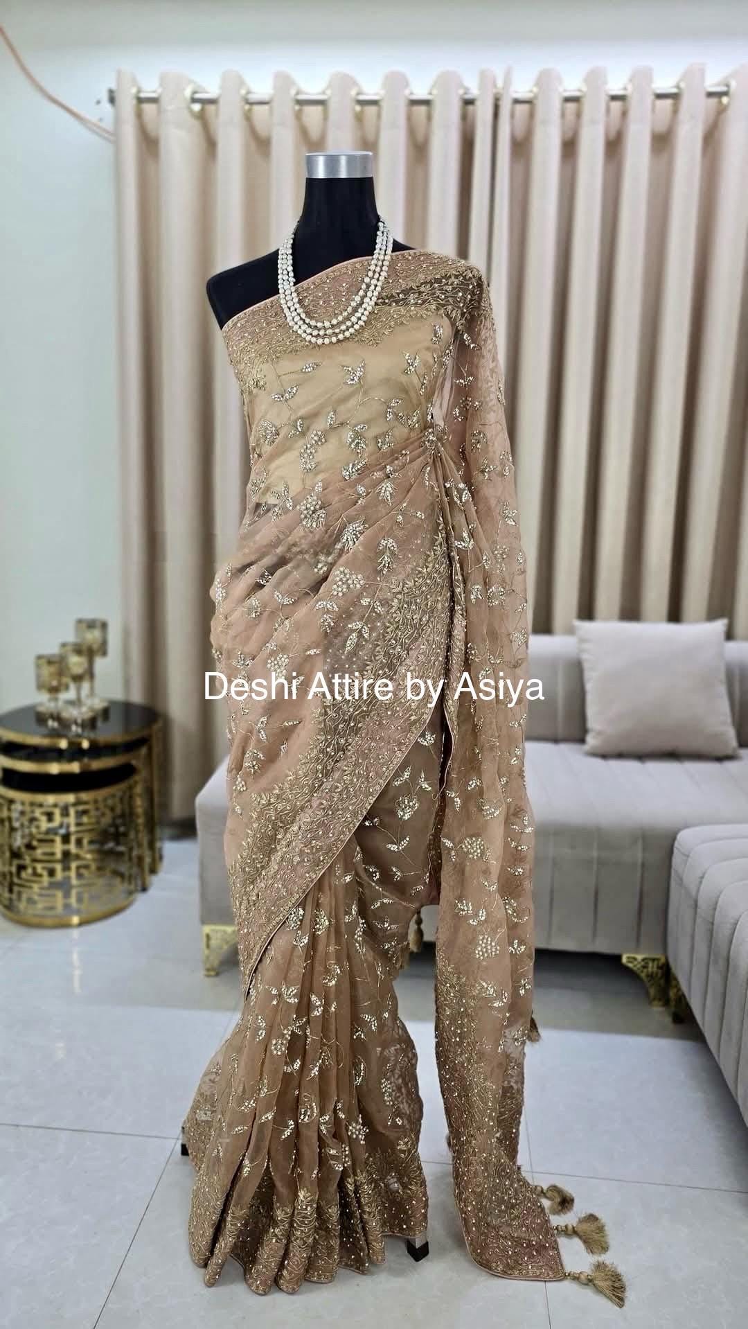 Authentic Sopura Muslin Party Saree With Zardosi Work in Golden Color ...