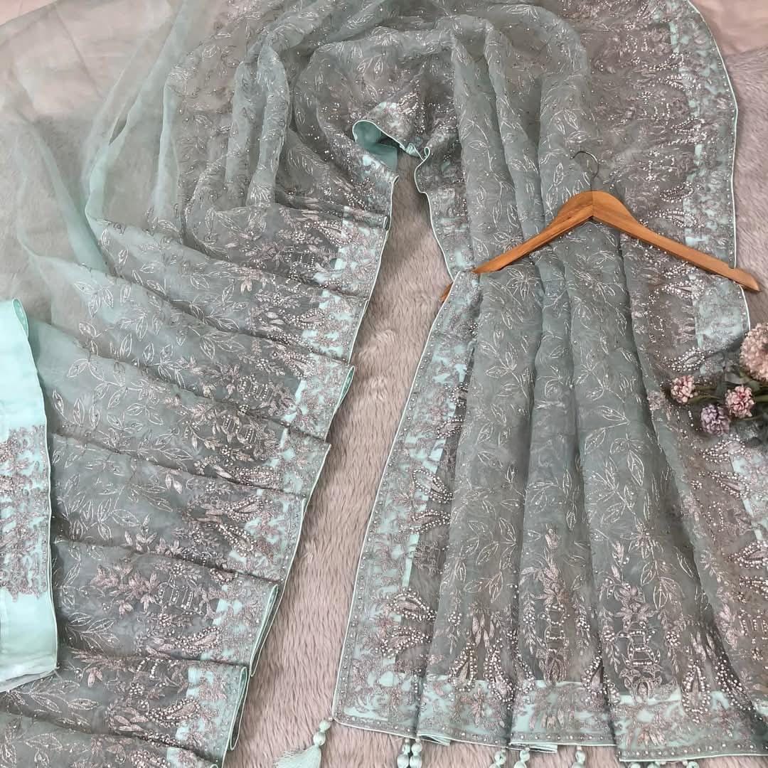 Authentic Sopura Muslin Party Saree With Zardosi Work in Pastel Blue ...