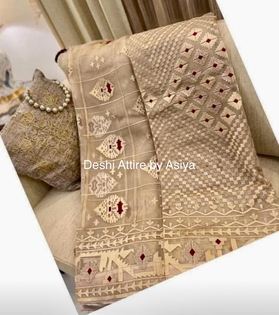Authentic Sopura Muslin Saree in Golden. All Over Gorgeous Embroidery ...