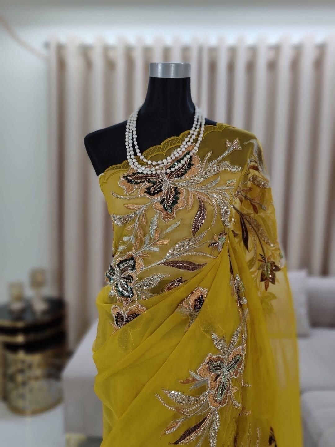 Authentic Muslin Saree With Embroidery and Zardosi Work for Party Ware ...