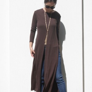 Brown Crew Neck Long Tunic Top With Side Front Split, Loose T-shirt ...