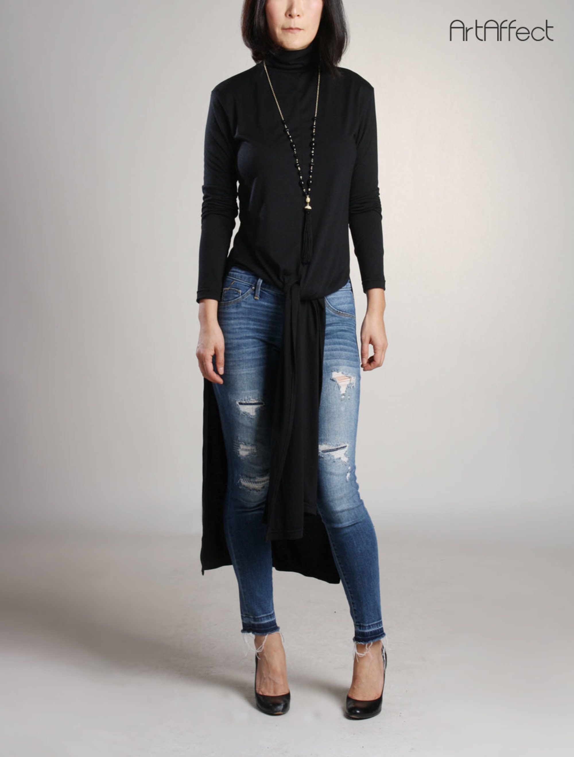 Turtleneck Long Tunic With High Slit, Front Slit Top, Plus Size ...