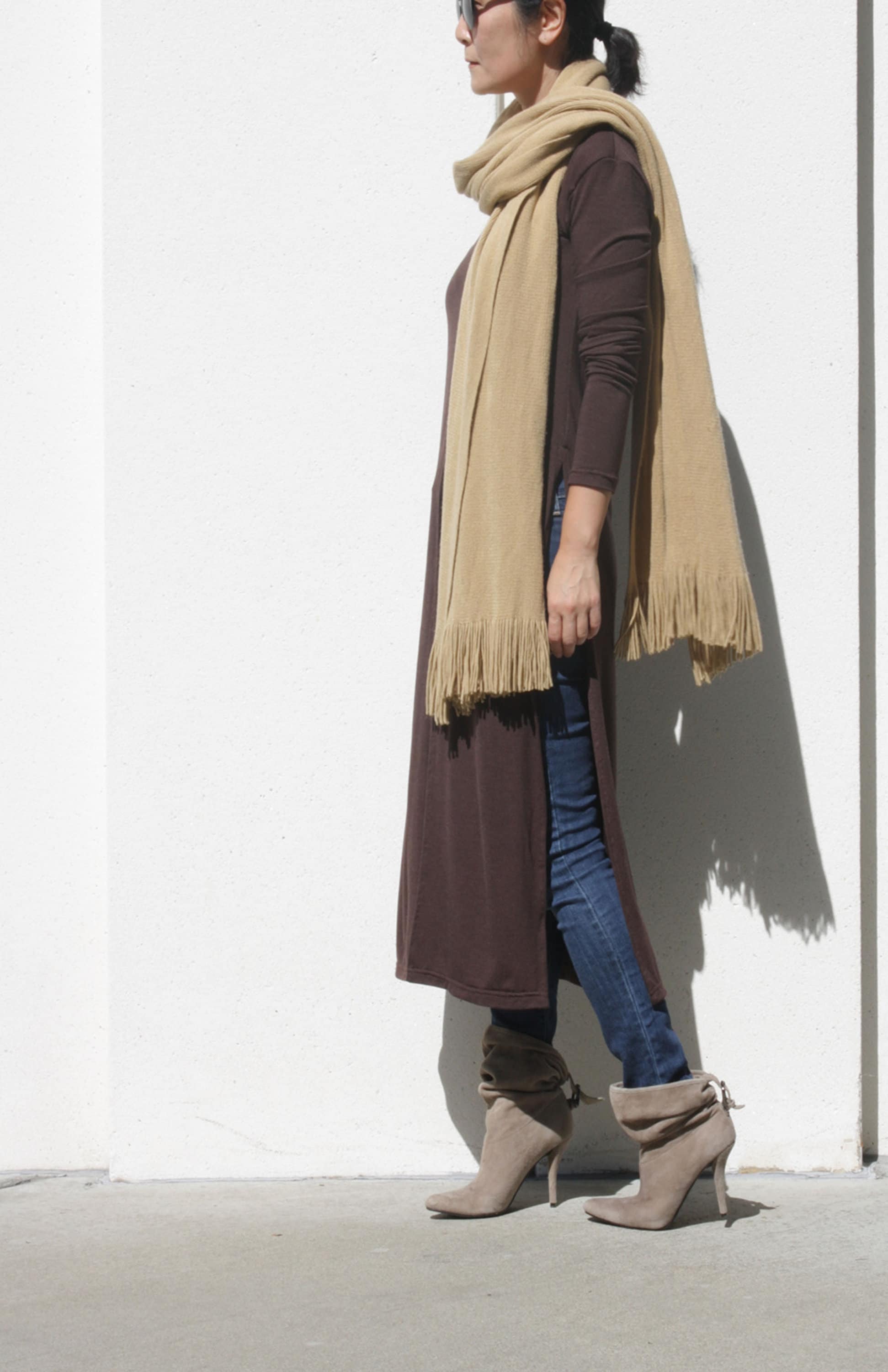 Brown Crew Neck Long Tunic Top With Side Front Split Loose - Etsy