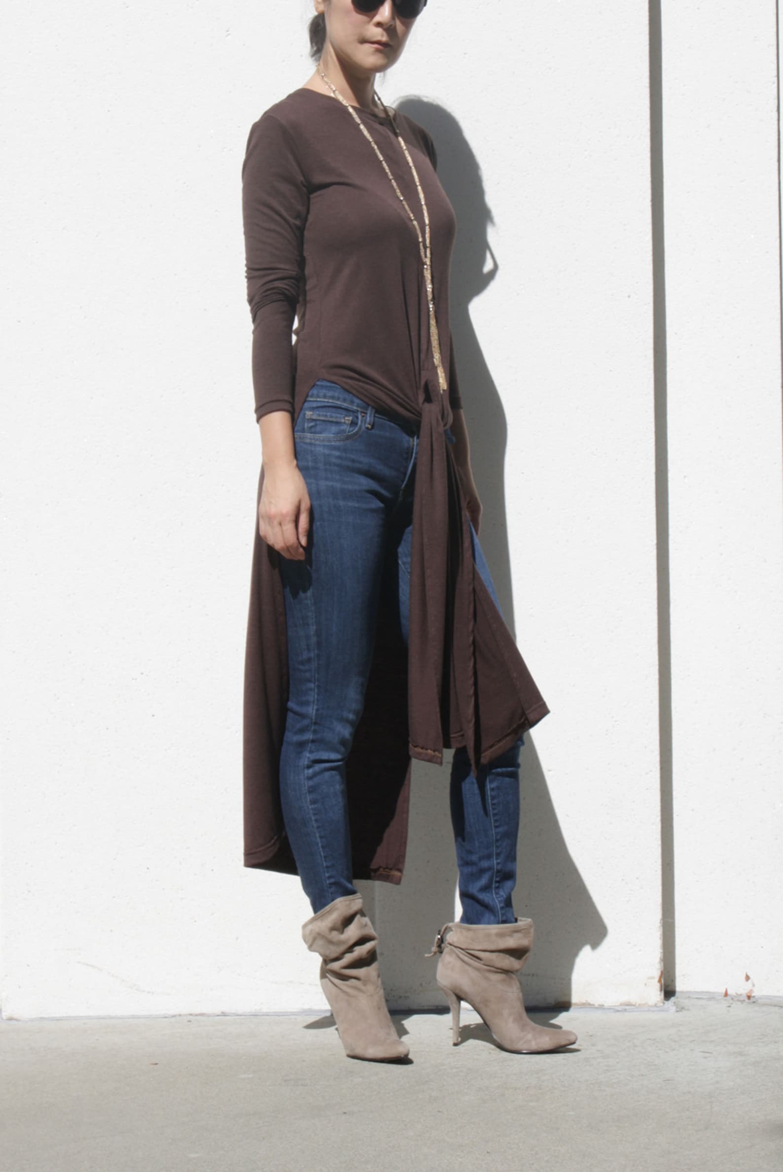Brown Crew Neck Long Tunic Top With Side Front Split, Loose T-shirt ...