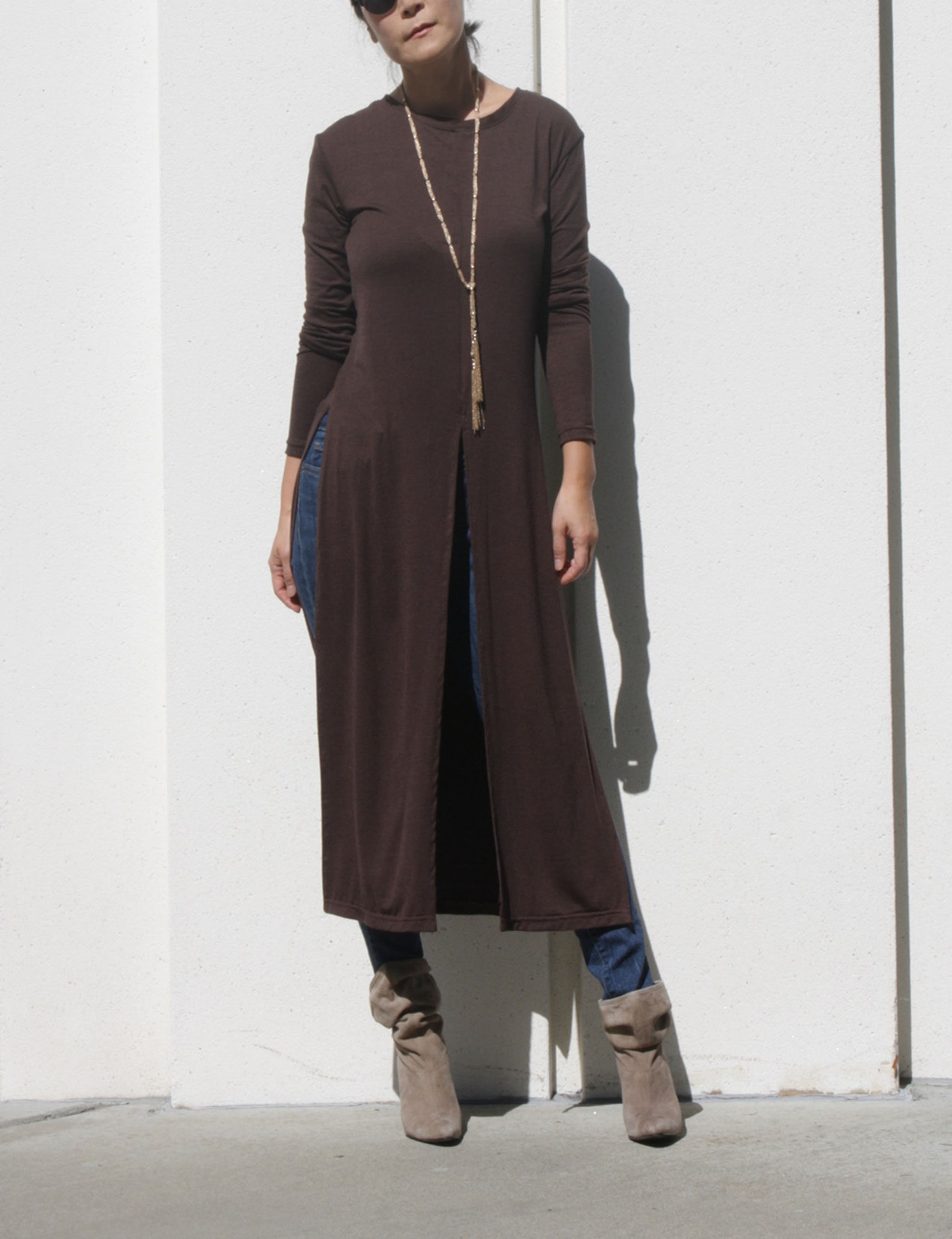 Brown Crew Neck Long Tunic Top With Side Front Split, Loose T-shirt ...