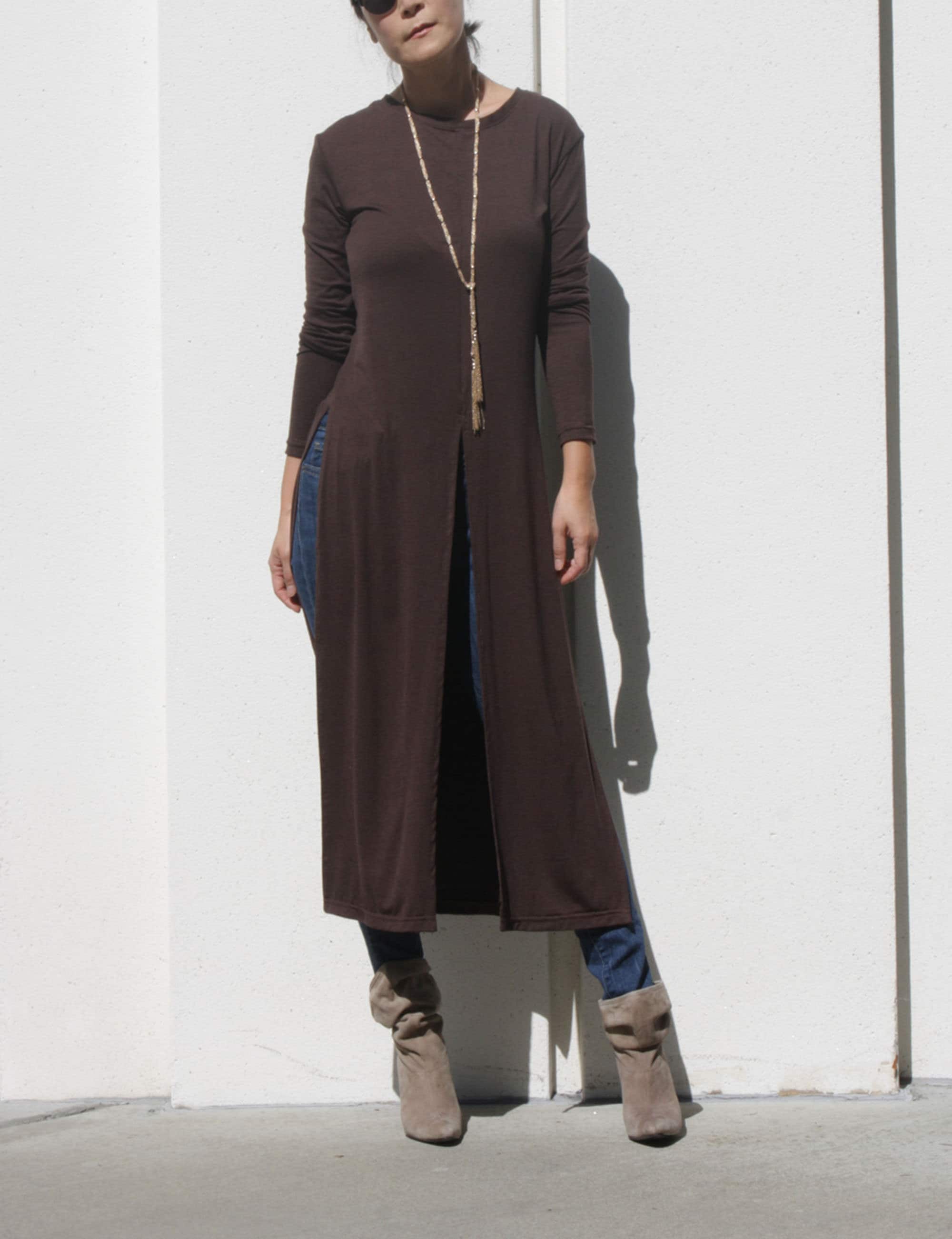 Brown Crew Neck Long Tunic Top With Side Front Split Loose - Etsy