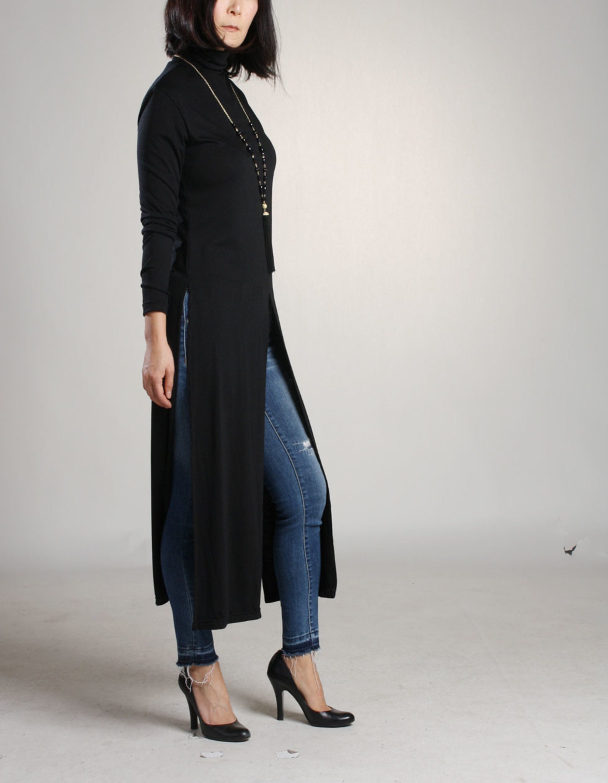 Turtleneck Long Top With High Slit, Long Tunic, Loose Sweater, Plus ...
