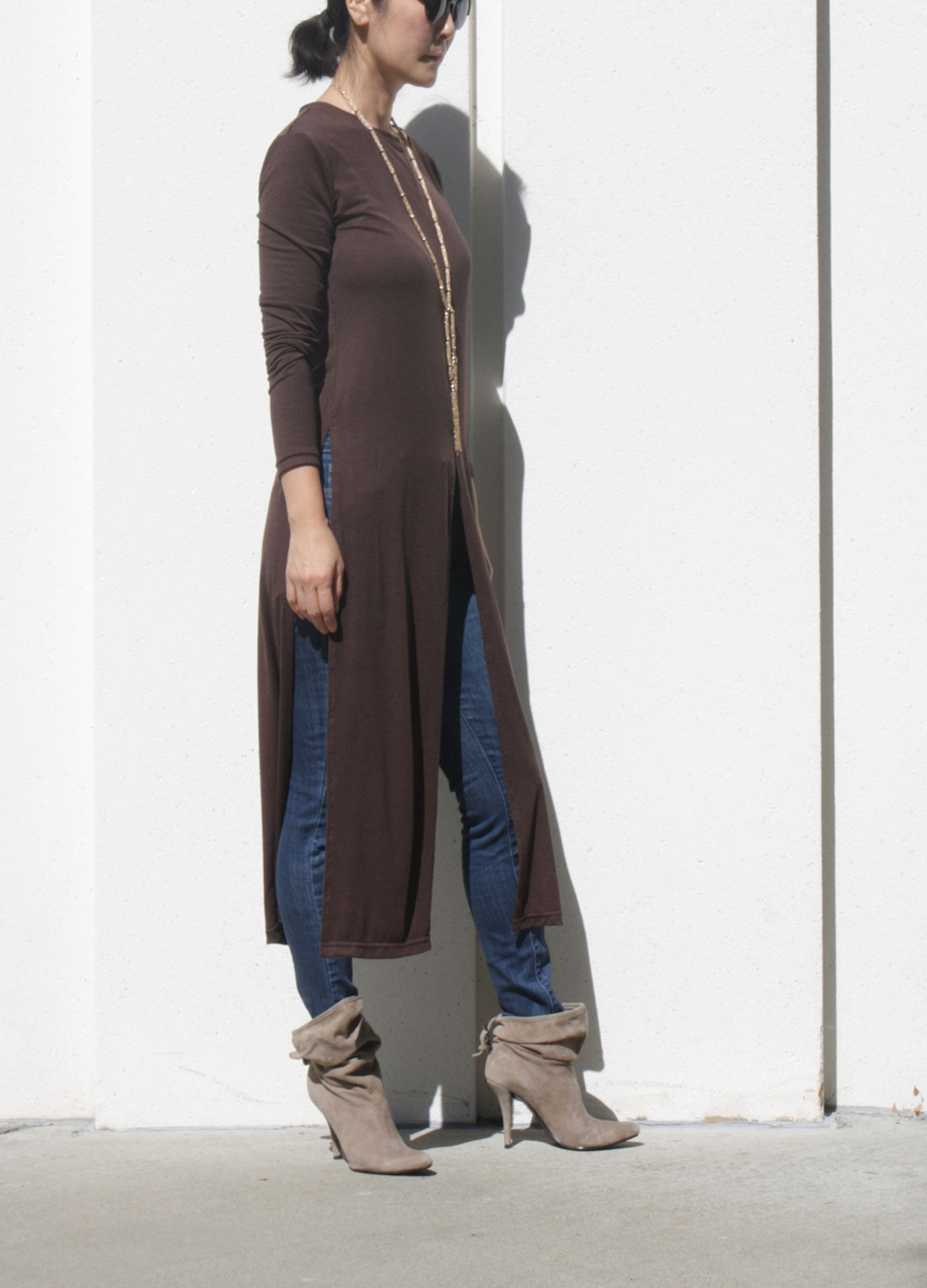 Brown Crew Neck Long Tunic Top With Side Front Split Loose - Etsy