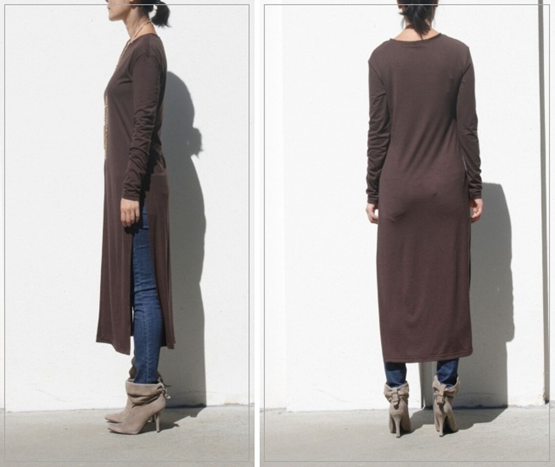Brown Crew Neck Long Tunic Top With Side Front Split Loose - Etsy