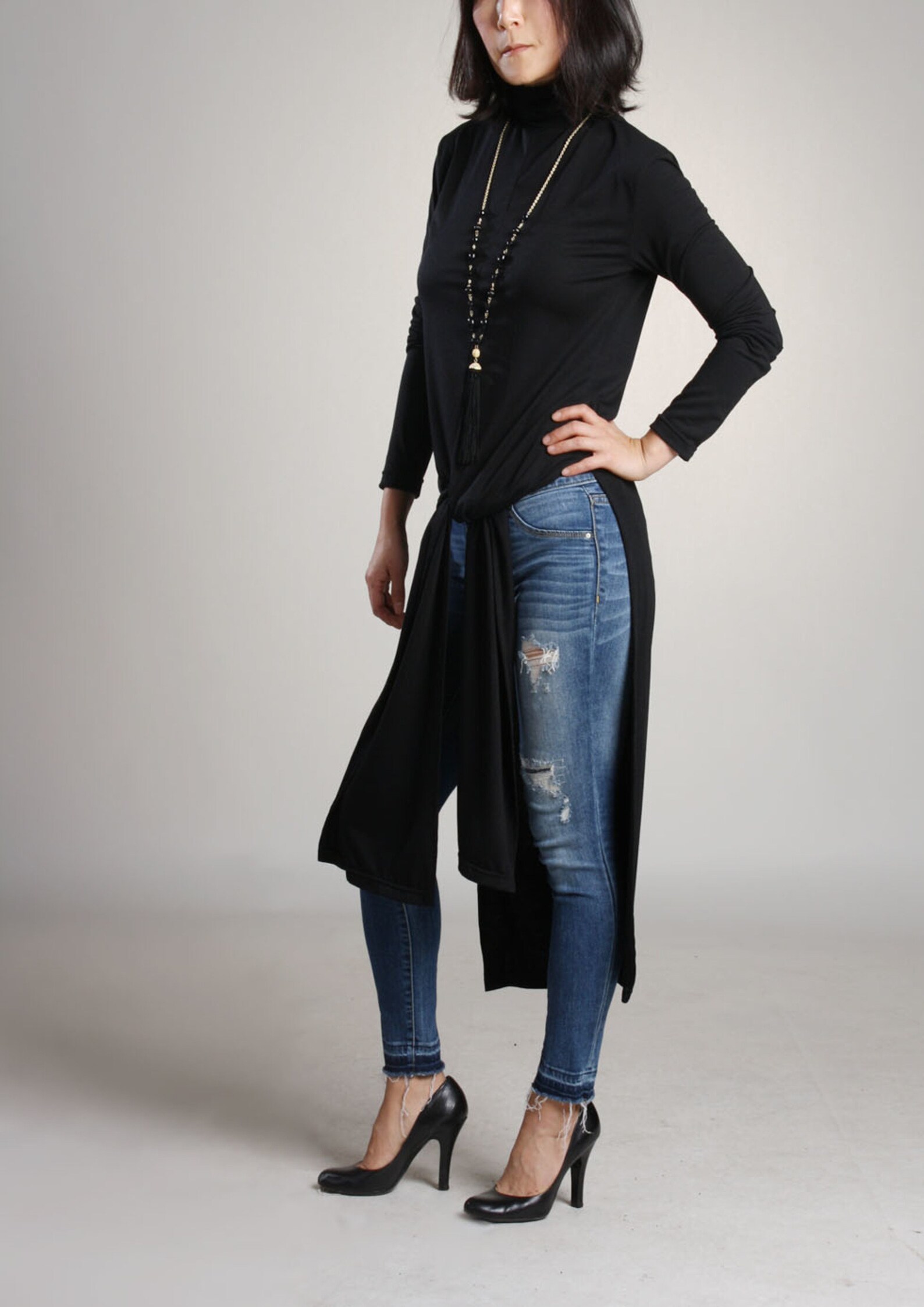 Turtleneck Long Top With High Slit, Long Tunic, Loose Sweater, Plus ...