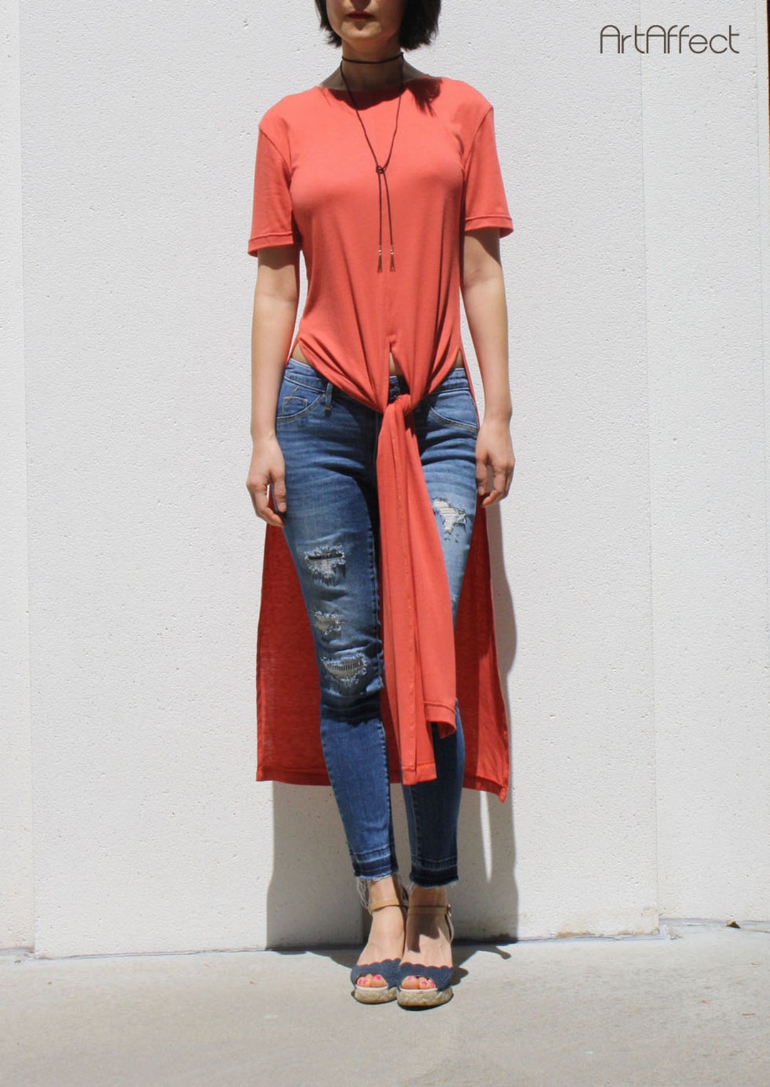 Long Tunic / Orange Tunic / T-shirt Dress / High Split Top / Tie Front ...