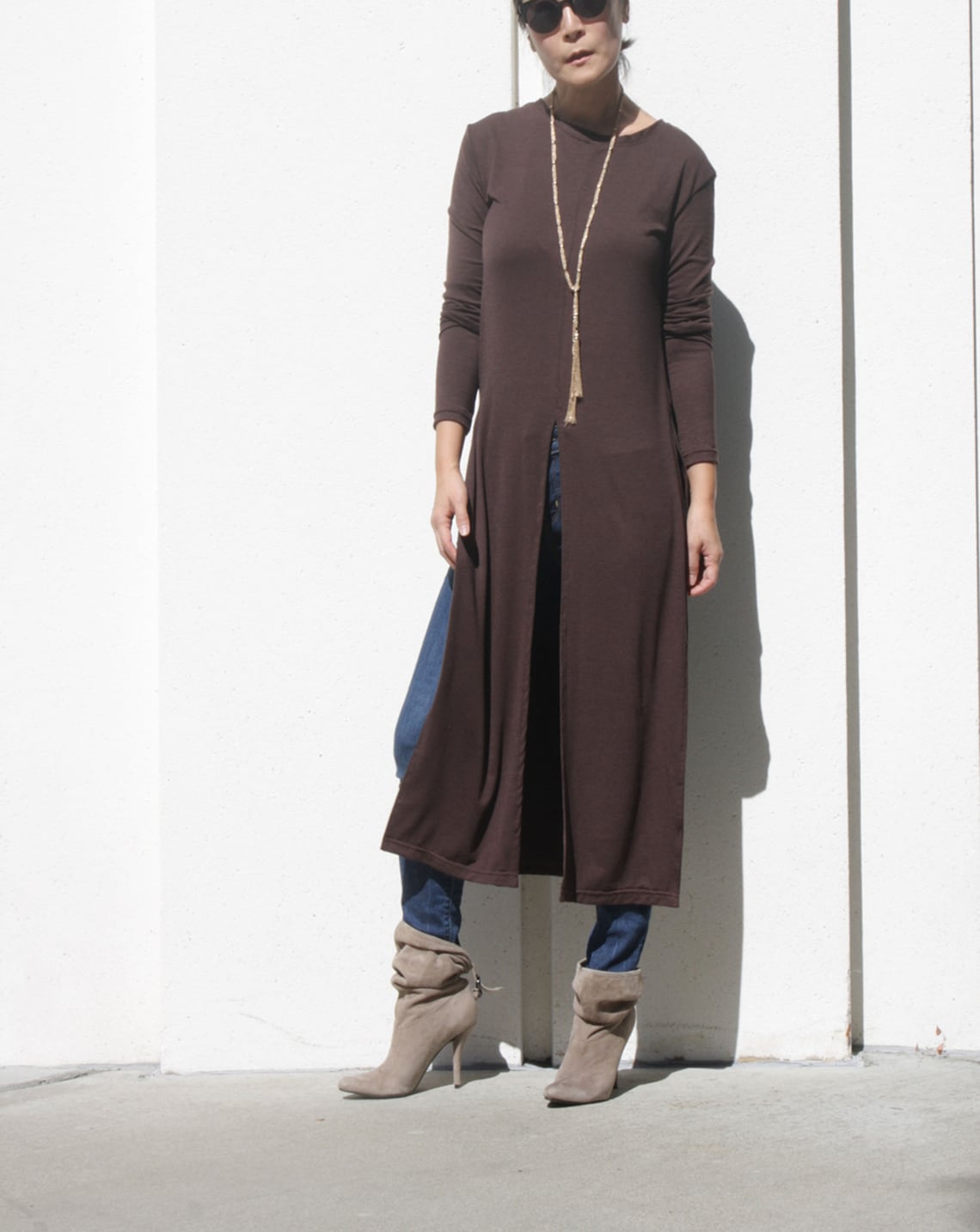 Brown Crew Neck Long Tunic Top With Side Front Split Loose - Etsy