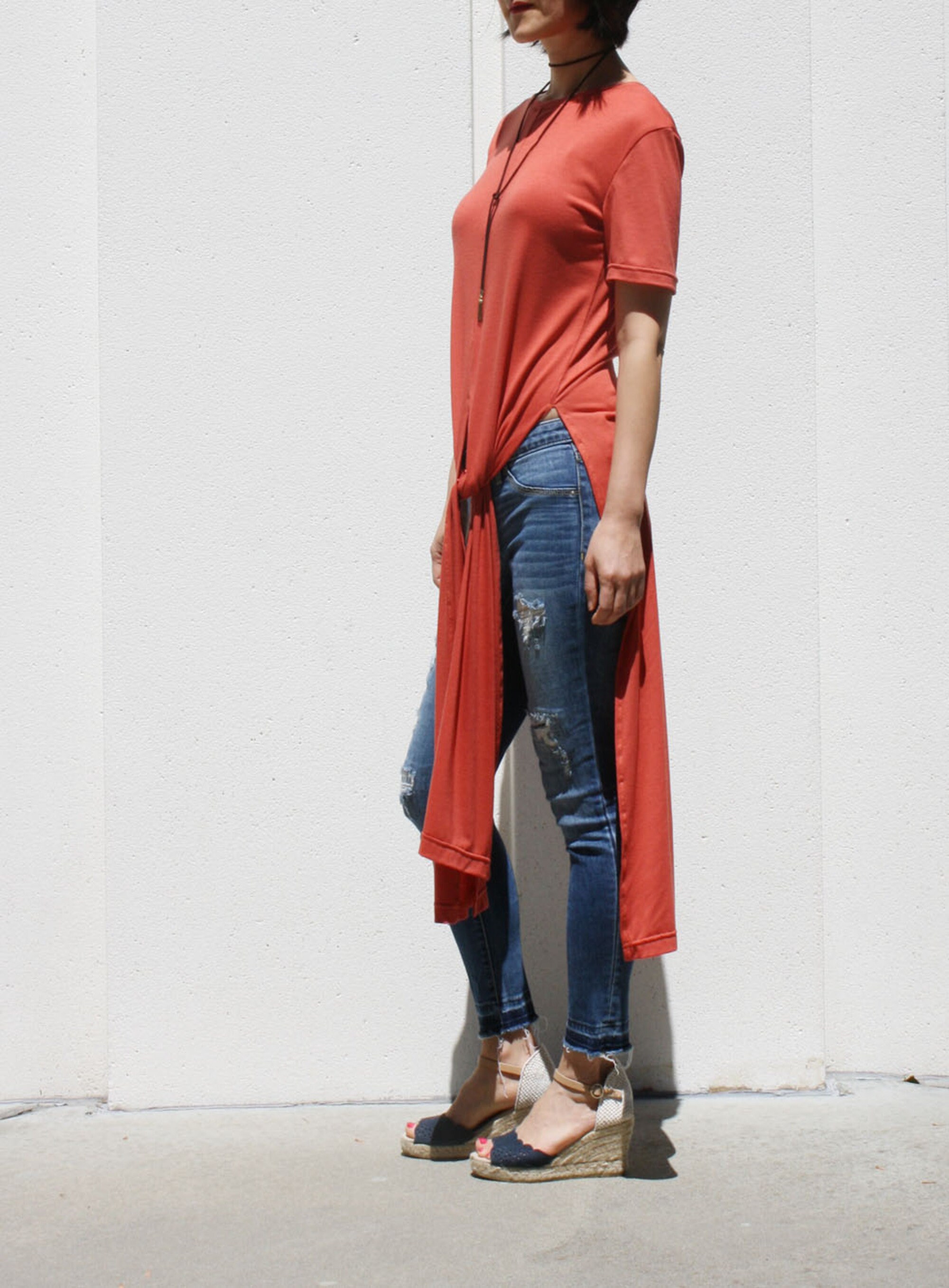 Long Tunic / Orange Tunic / T-shirt Dress / High Split Top / Tie Front ...
