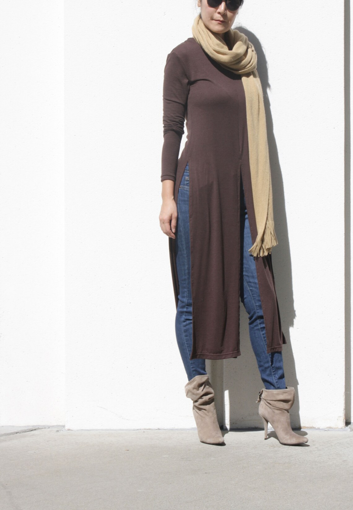 Brown Crew Neck Long Tunic Top With Side Front Split Loose - Etsy