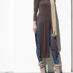 Brown Crew Neck Long Tunic Top With Side Front Split, Loose T-shirt ...