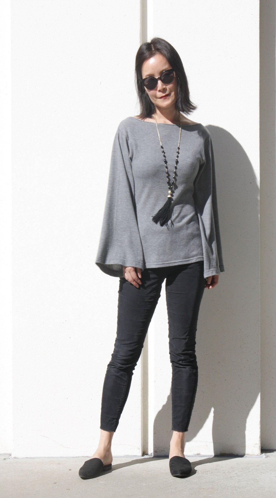 Gray Boat Neck Side Split Tunic Sweater With Kimono Sleeve /winter ...