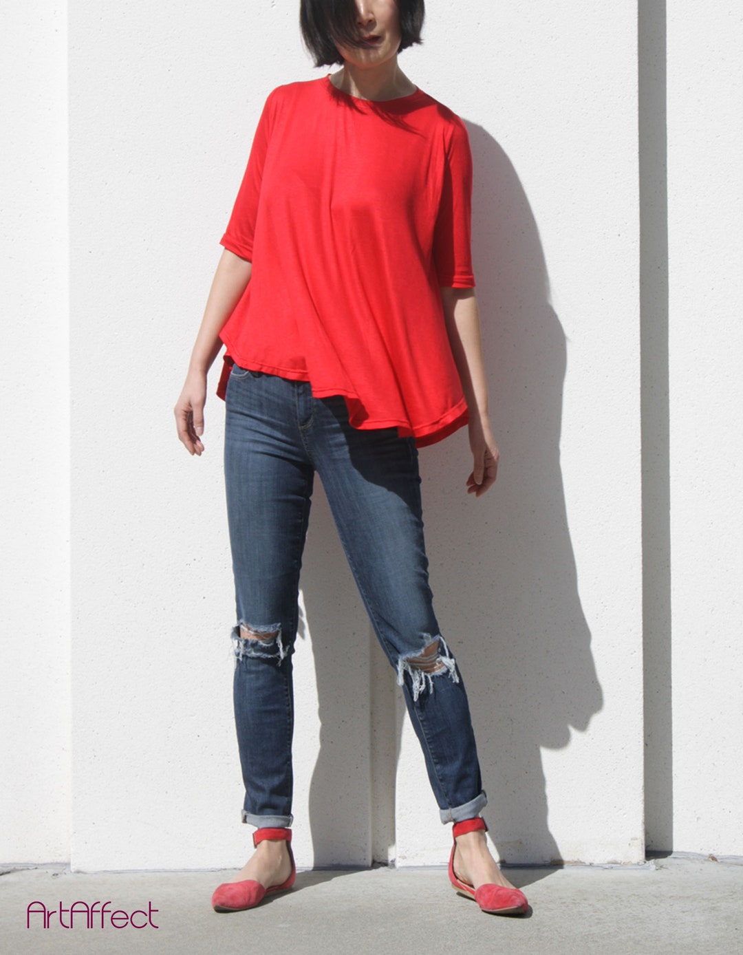 Tomato Red Swing Top: Elbow Sleeve Boho Tunic - Etsy