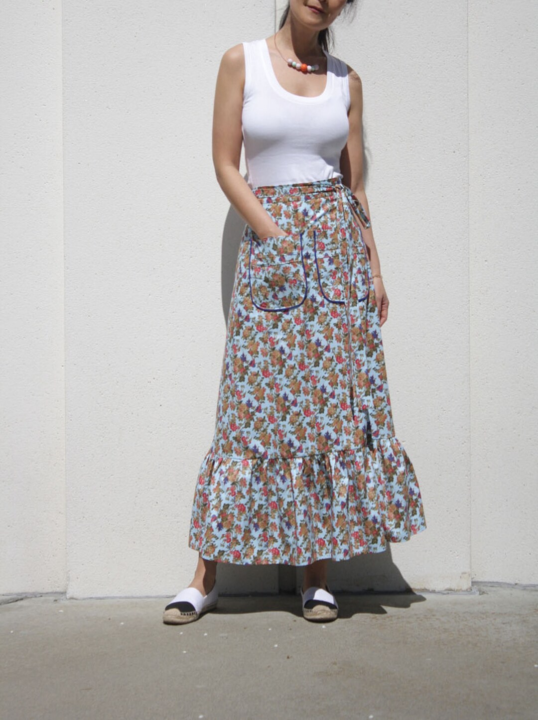 Ruffle Hem Maxi Wrap Skirt With Pockets / Floral Long Summer Skirt ...