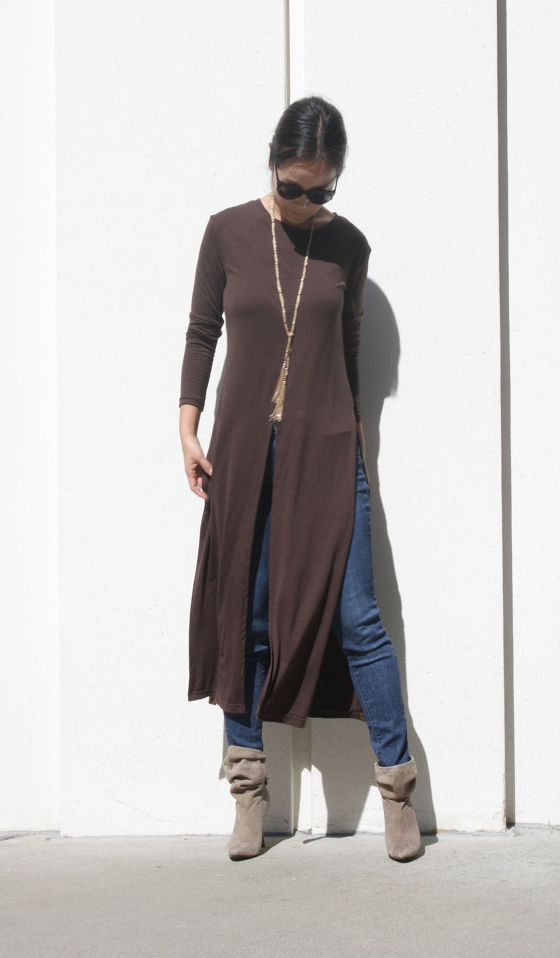 Brown Crew Neck Long Tunic Top With Side Front Split Loose - Etsy