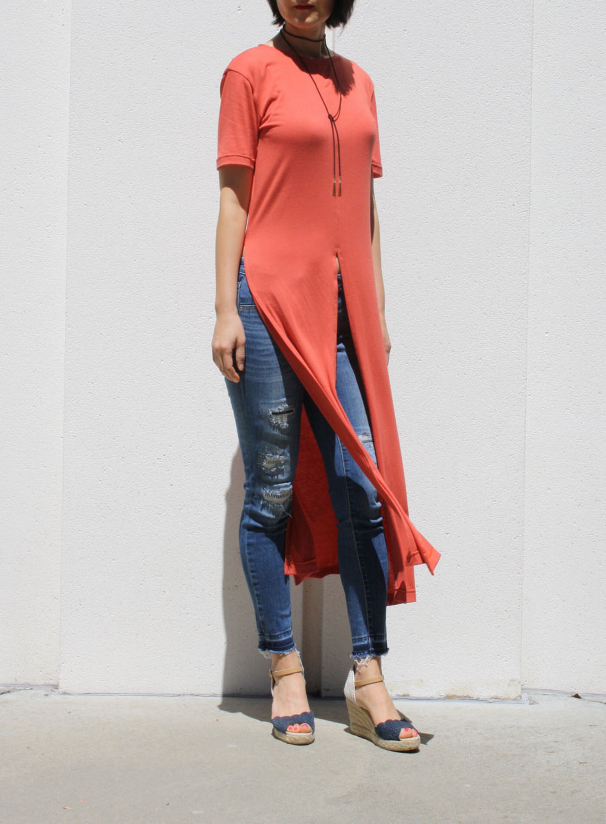 Long Tunic / Orange Tunic / T-shirt Dress / High Split Top / Tie Front ...