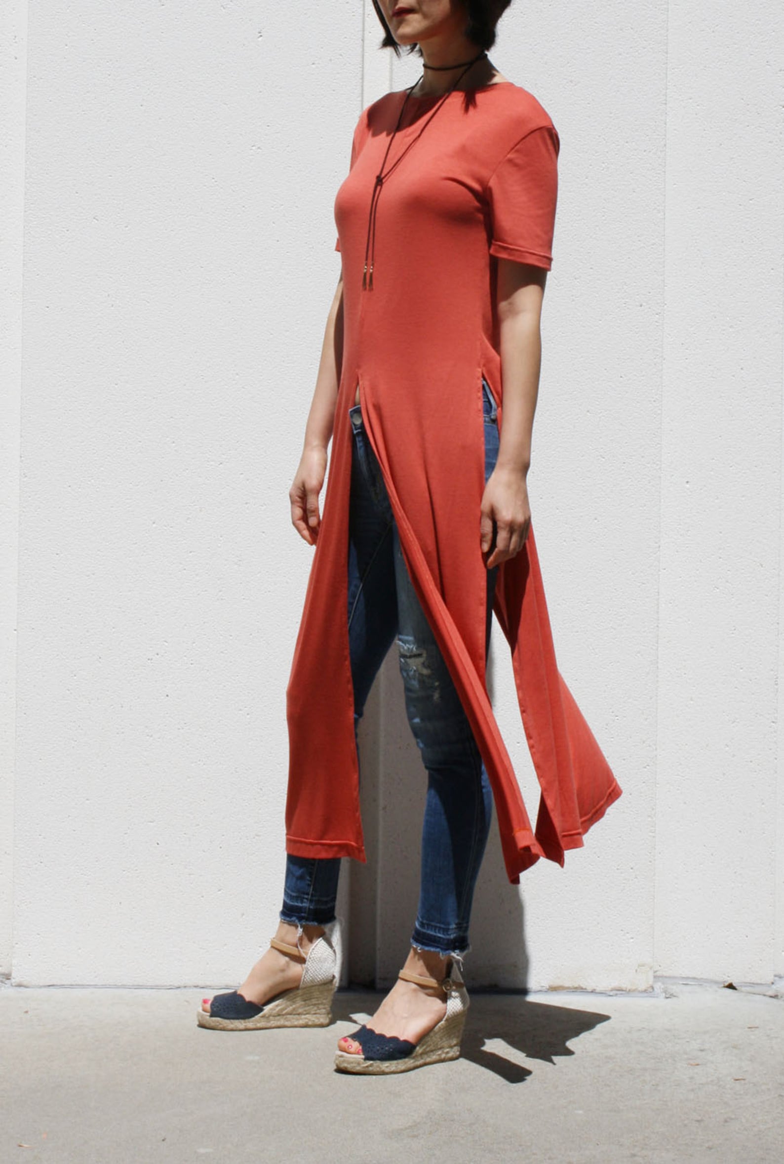 Long Tunic / Orange Tunic / T-shirt Dress / High Split Top / Tie Front ...