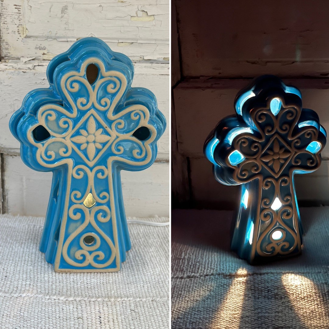 Vintage 3-D Light-up Beautiful Blue Ceramic Cross Nightlight Accent ...