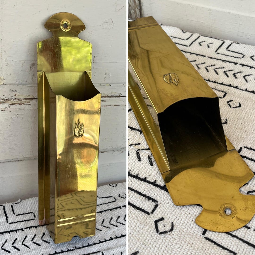 Vintage Mid Century Brass Fireplace Tall Matchbox Holder Wall Hanging ...
