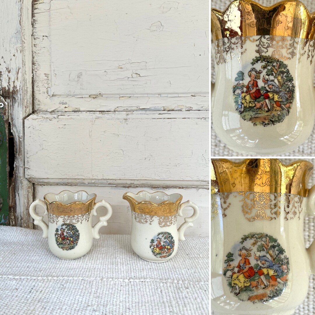 Vintage Quaint Victorian Style Ivory and Gold CREAM and SUGAR Measuring ...