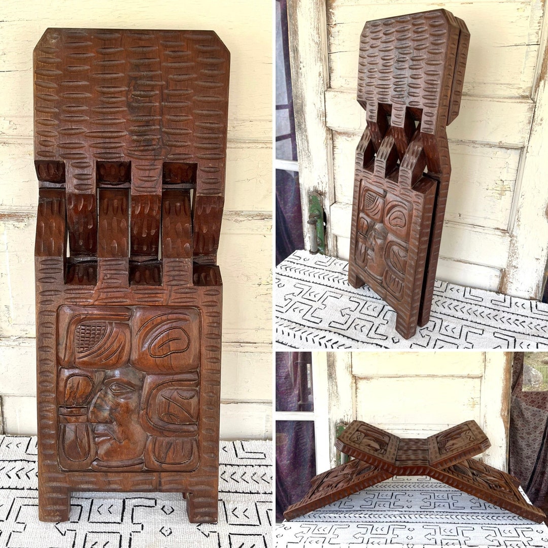 Fabulous Vintage HEAVY LARGE Hand Carved Wooden Folding Stool CHAIR W ...