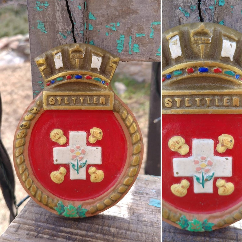 Vintage Heavy Bronze or Cast Brass Enamel STETTLER Family Crest Emblem ...