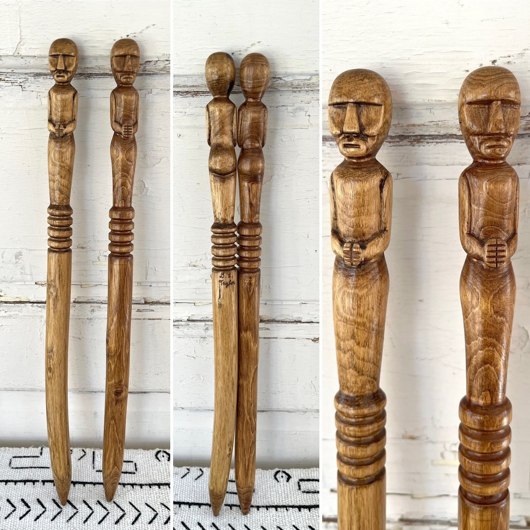Vintage Interesting PAIR of Hand Carved Wood Figural Tiki, Aztec ...