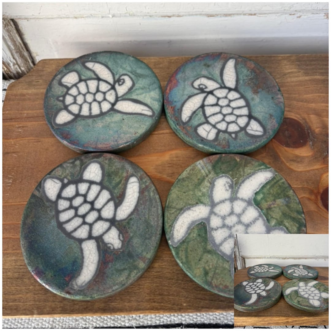 Vintage SET of 4 Ben Diller Raku Pottery SEA TURTLE Coasters ~ Hawaii ...