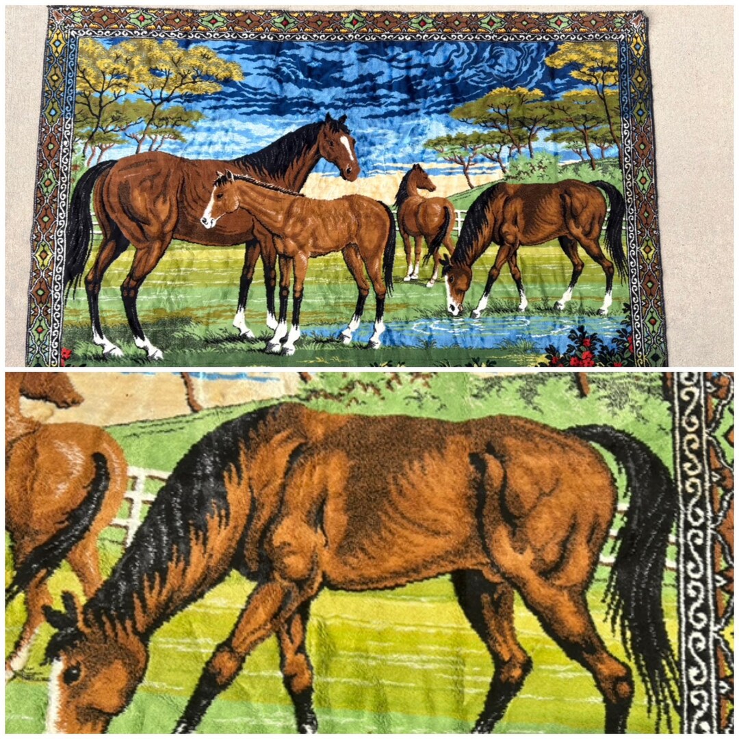 Vintage LARGE Beautiful Silk VELVET Horse Wall Tapestry Measuring 68" X ...