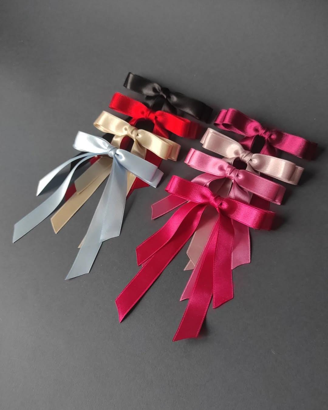 Burgundy Red Long Tail Satin Ribbon Bow, Adult Hair Accessories, School ...