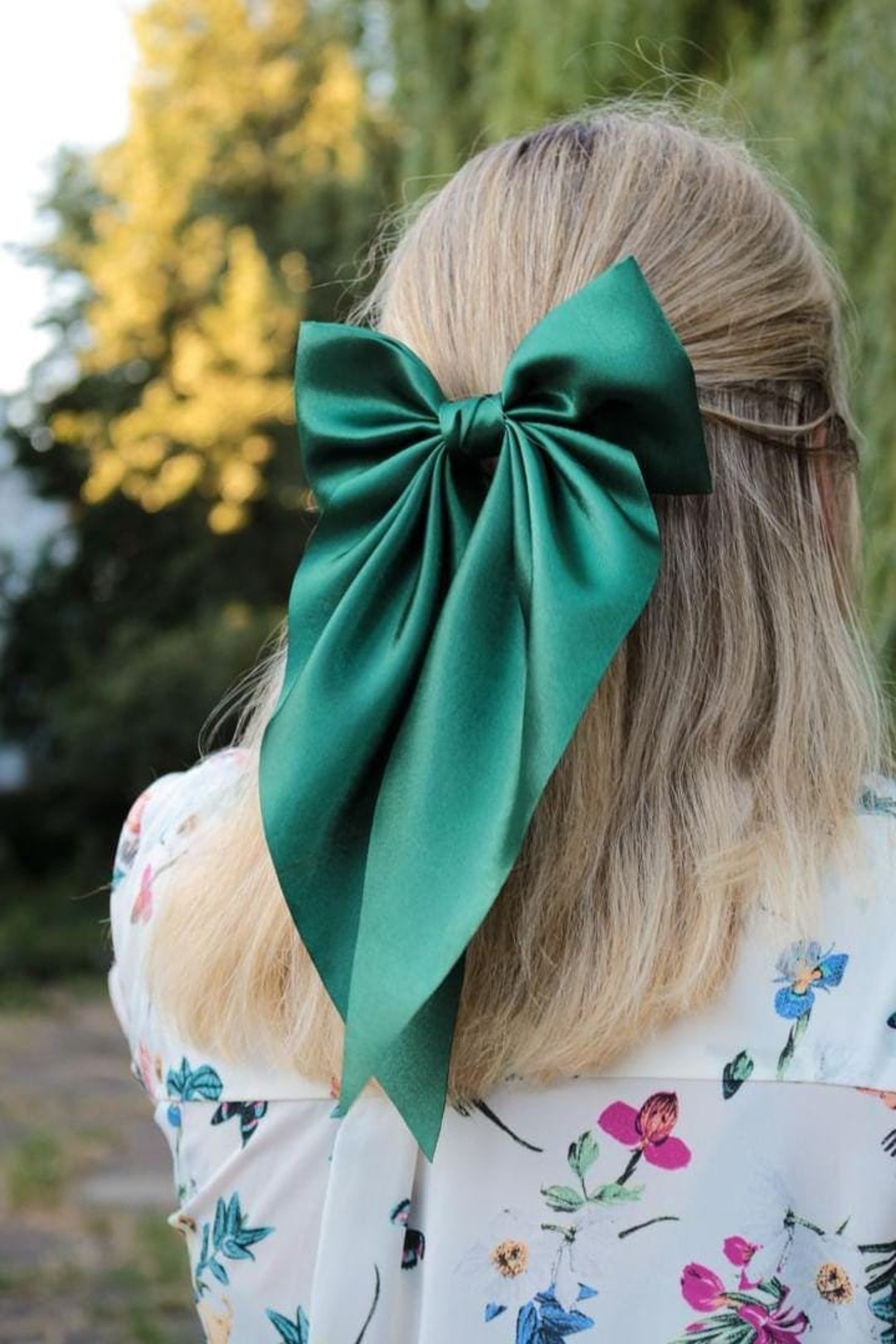 Forest Green Satin Hair Bow Slim Dark Green Bow Hair Accessory for Girl ...