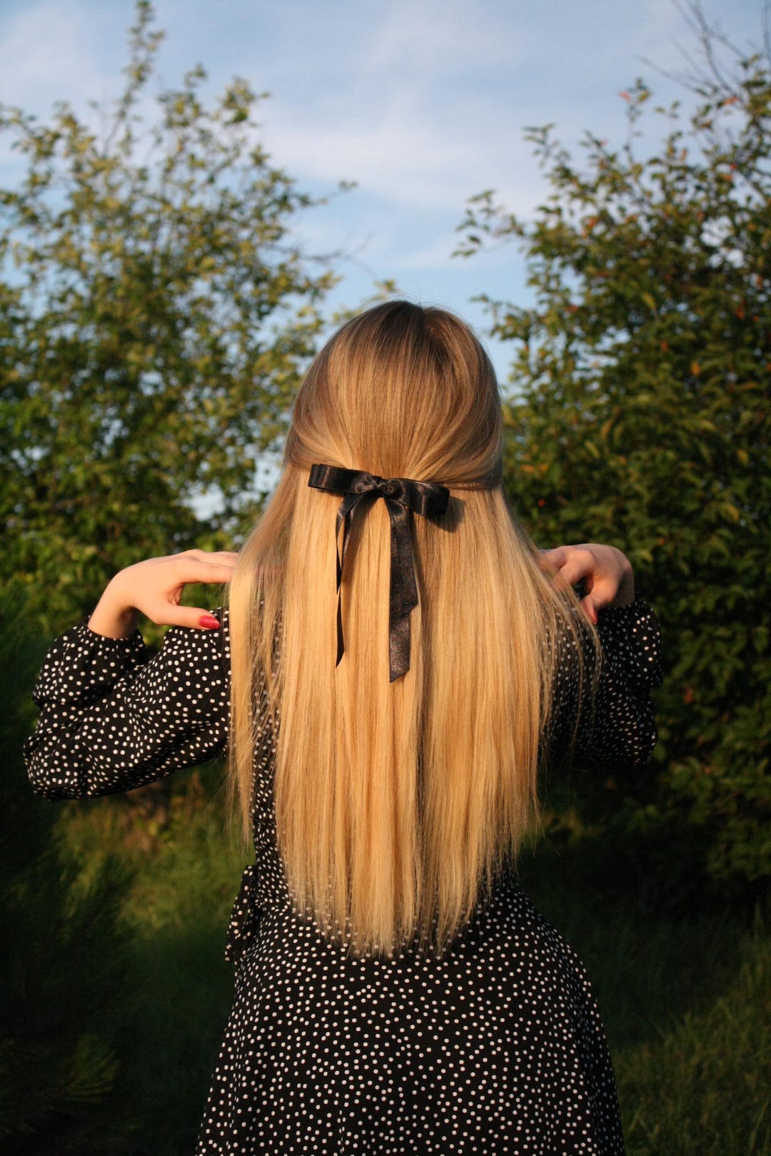 Black Silk Hair Bow Long Ribbon Tails French Barrette Satin Long Bow ...