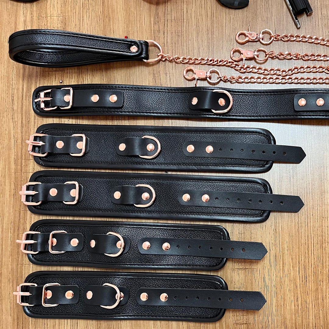 Handmade Leather Bondage Cuffs Set, Collar and Leash, Handcuffs, Ankle ...